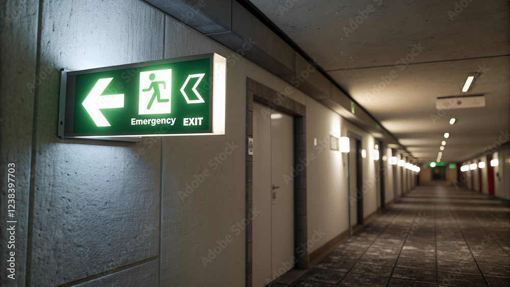 Emergency exit safety signs illuminating clear pathway in office ...
