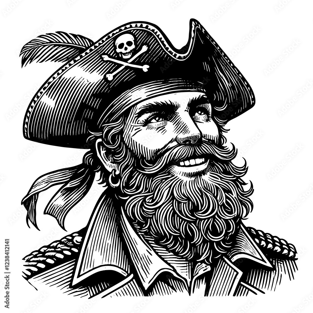 smiling pirate captain with a tricorn hat, beard, mustache, and a ...