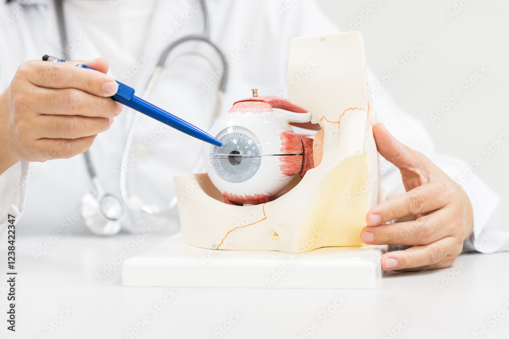 Ophthalmologist hand pointing eye anatomy human model on white ...
