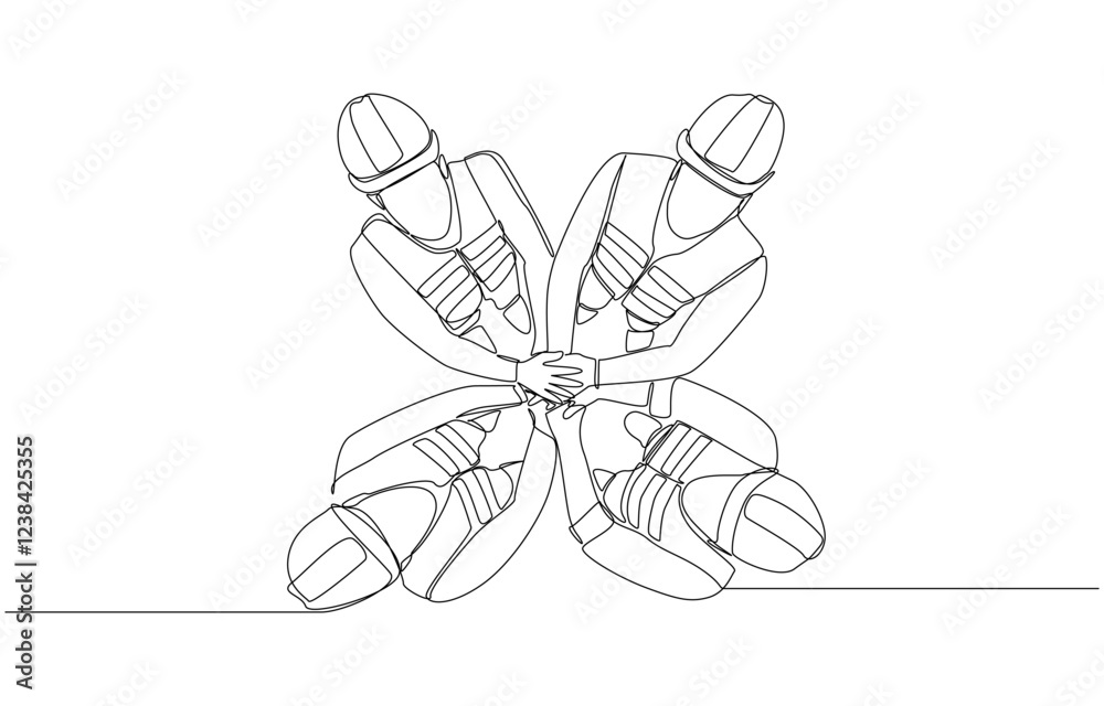 Continuous one line drawing of group of building builders putting hands ...