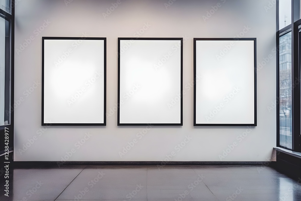 Three empty picture frames on a gallery wall, awaiting artwork to be ...