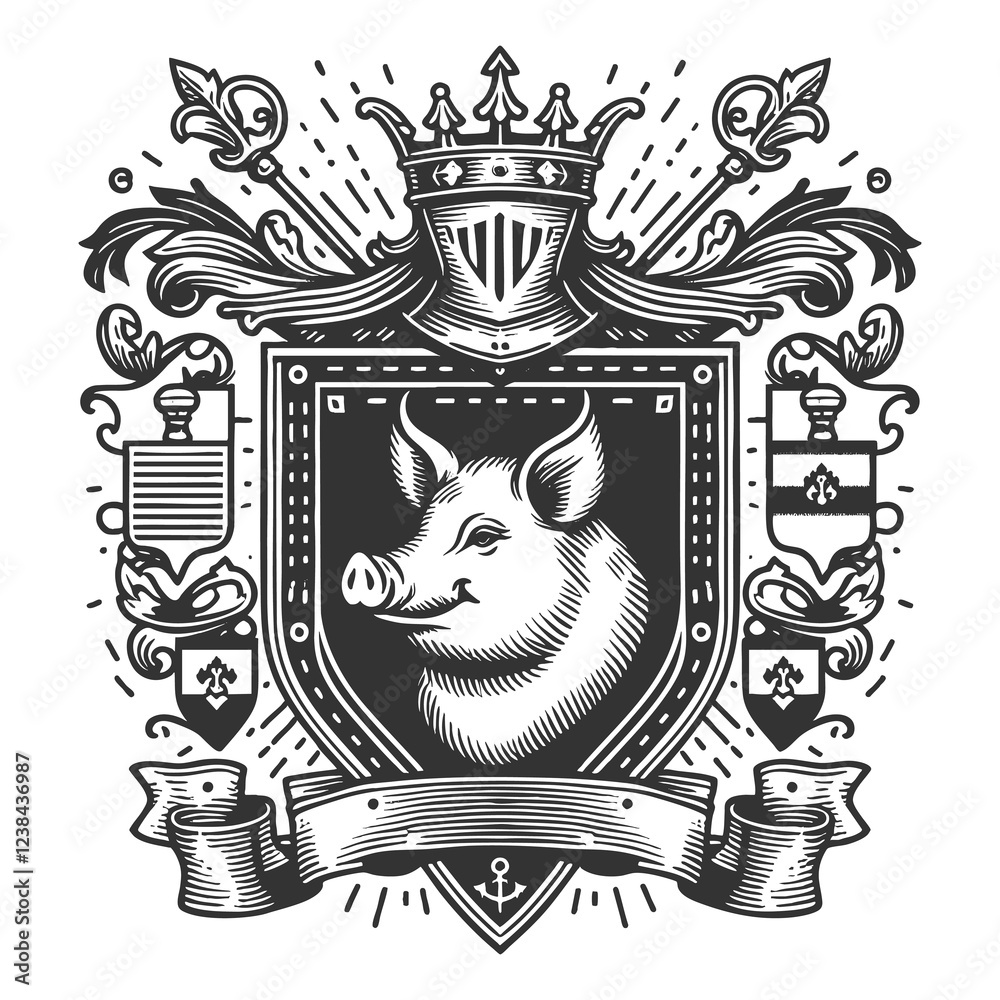 medieval coat of arms with boar, knight helmet, crossed swords ...