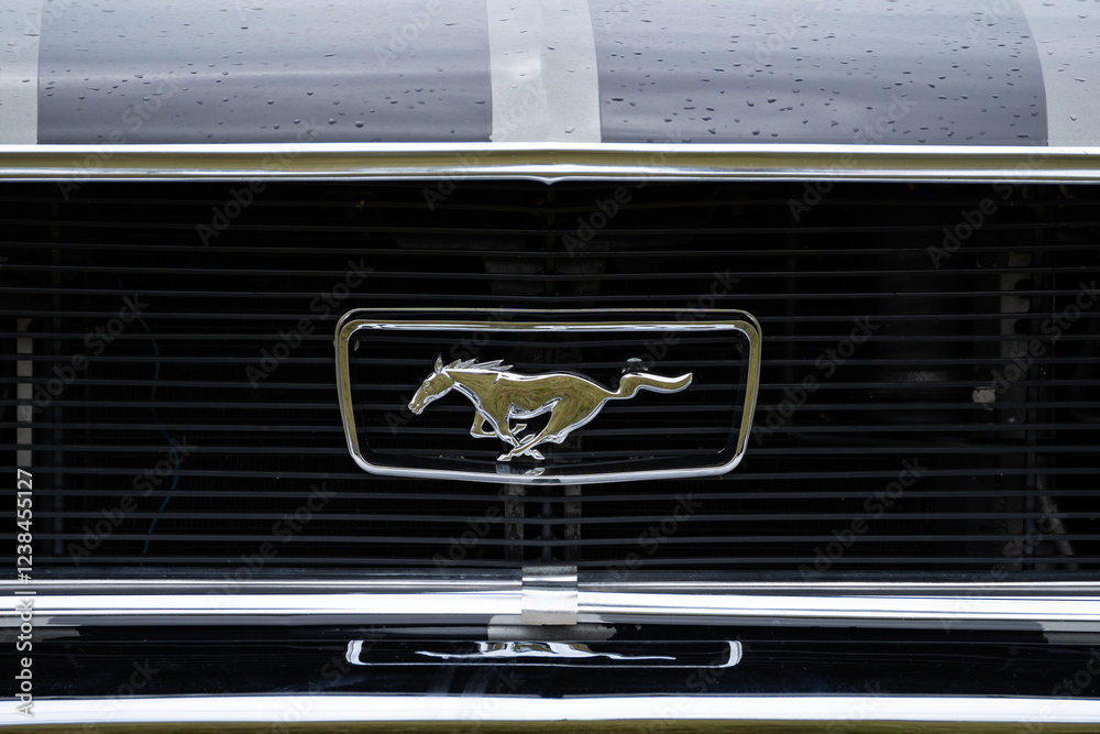 Ford Mustang logo on a front grille of an legendary American muscle car ...