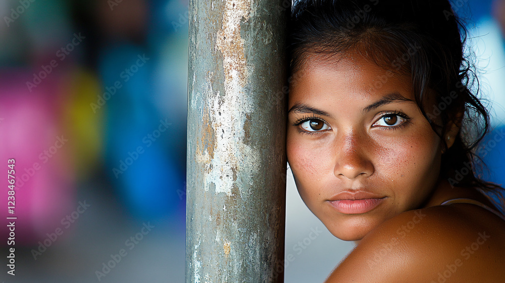Homeless Latina woman leaning pole urban brown skin look street ...