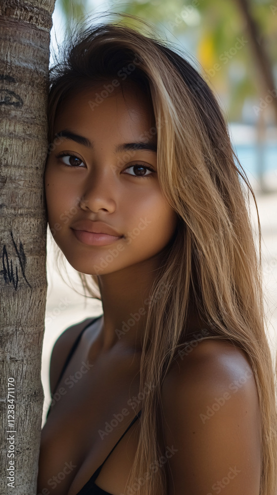 Homeless Southeast Asian woman with light brown skin leaning tree urban ...
