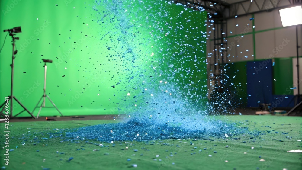 Tiny blue particles exploding in a vibrant green screen background with ...