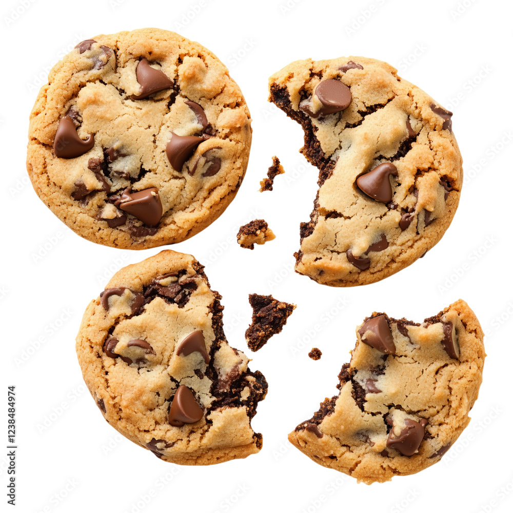 Four chocolate chip cookies some broken into pieces scattered on ...