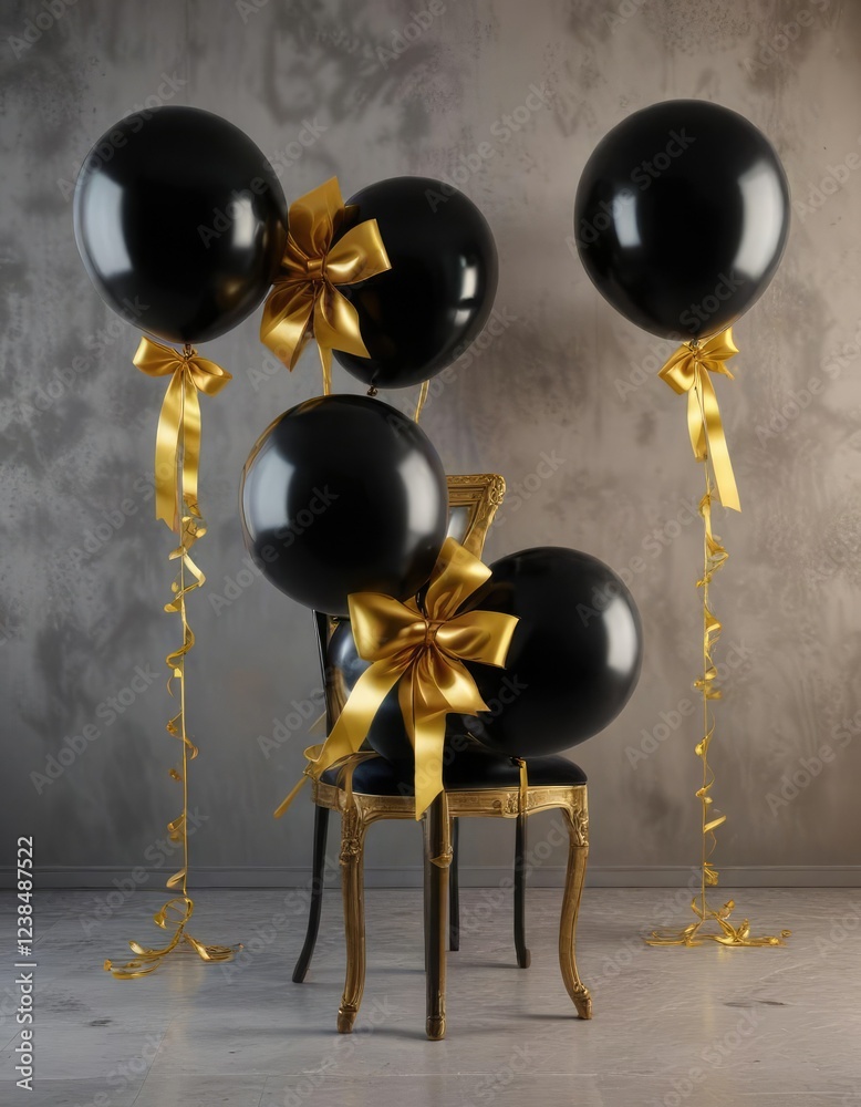 Three black balloons with gold ribbons and a bow tied to a chair or ...