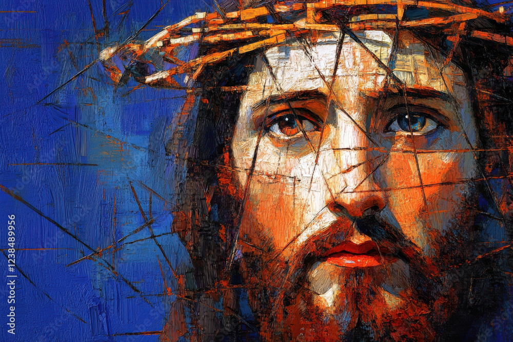 Powerful Stained Glass Style Portrait Of Jesus Christ Wearing A Crown
