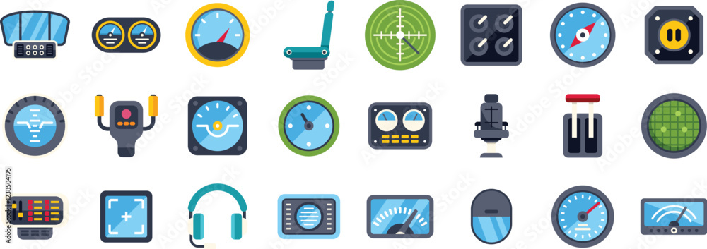 Airplane cockpit icons feature dashboard panels with speedometers ...