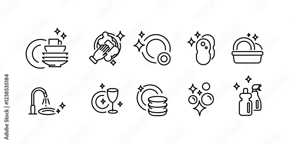 Clean dishes icon set. Thin line clean dishes, clean icon from cleaning ...