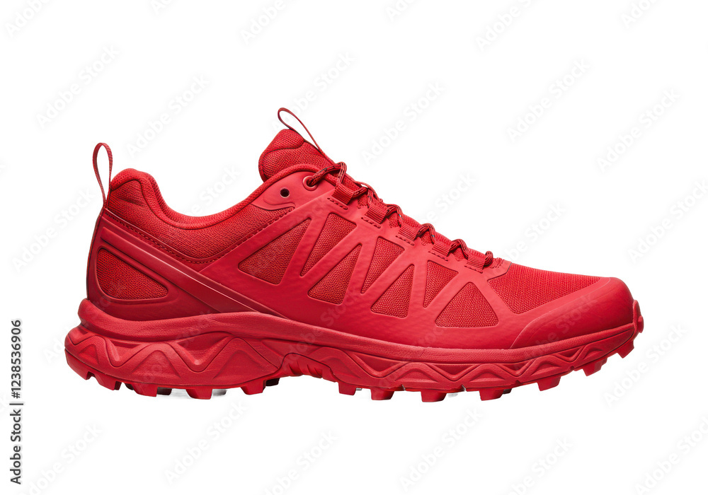 Side view of red trail running shoe or trekking boot isolated on white ...
