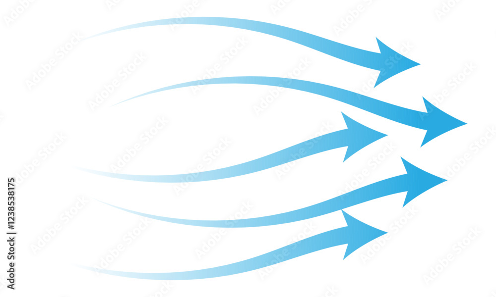 Air flow. Set of blue arrow showing air or wind flow. Wind direction arrows. Blue cold fresh ...