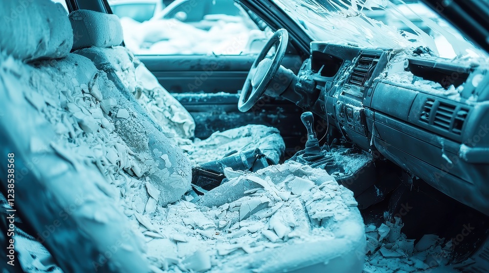 Auto Repair Shop Interior, cluttered with torn seats, cracked ...