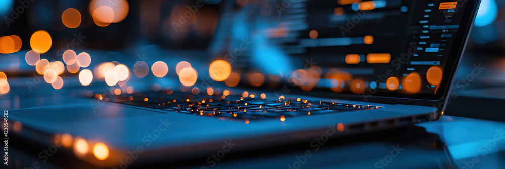 Laptop Computer with Bokeh Lighting and Visible Screen Data Stock Photo ...
