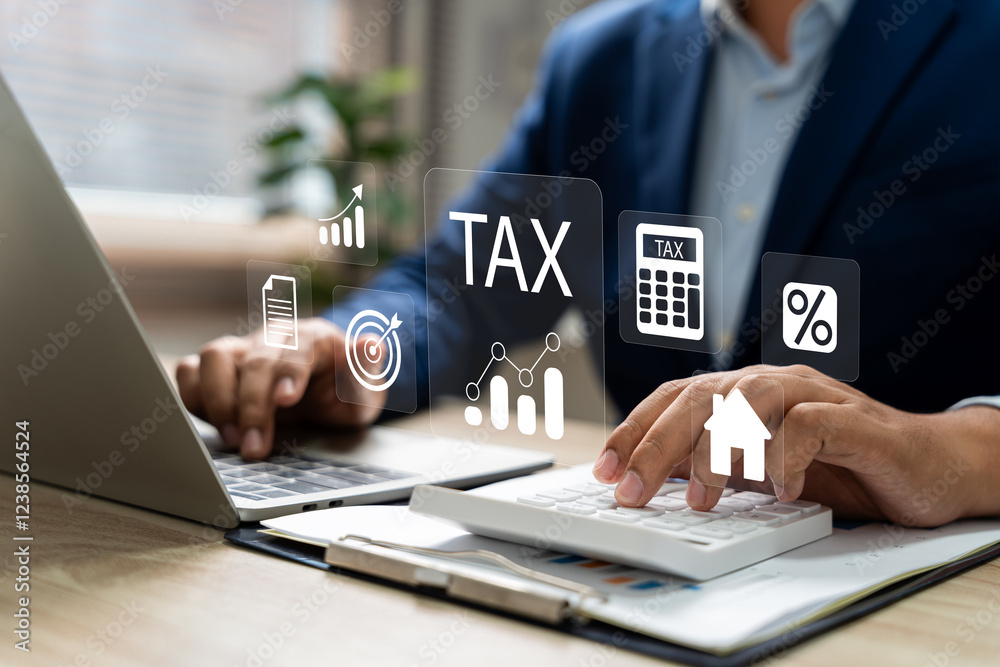 Tax and Vat concept. Government, state taxes concept. Businesman using ...