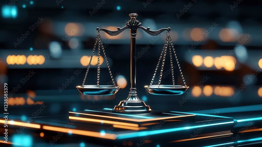 Law restriction court concept. Digital courtroom with scales of justice ...