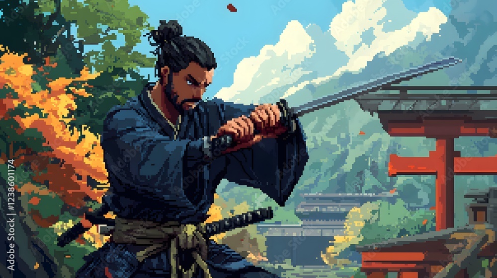 Pixel Art Samurai Warrior Wielding Katana Sword in Combat Pose Amid ...