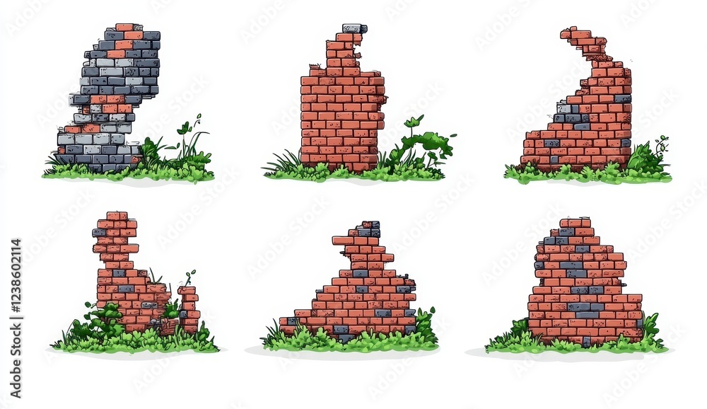 Pixel art depicting six variations of crumbling brick ruins overgrown with green grass. Each ...