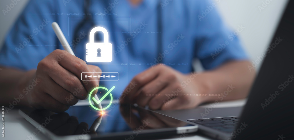 Foto de Stock Medical professional securing digital healthcare data ...