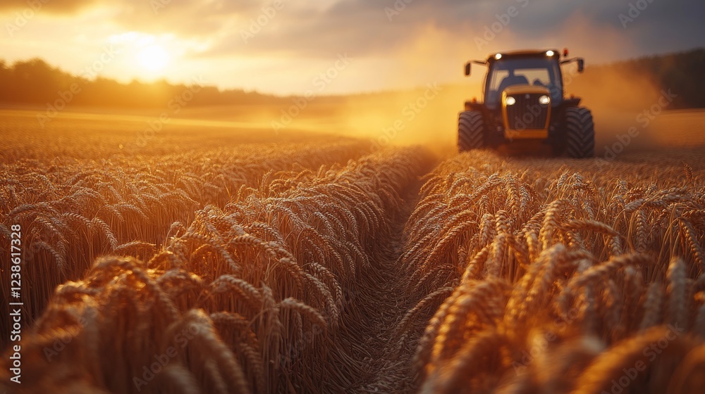 Tractors gather ripe wheat in a golden field, kicking up dust clouds ...