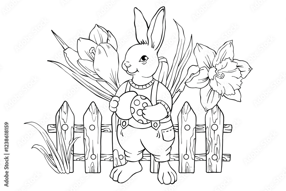 Cute Easter bunny with background coloring page for kids. Funny animal ...