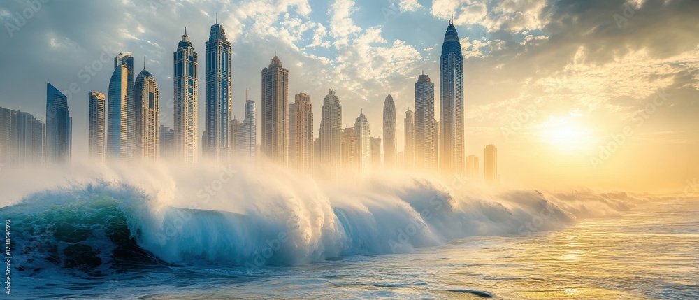 High fidelity gigapixel of giant wave colliding with skyscrapers in ...