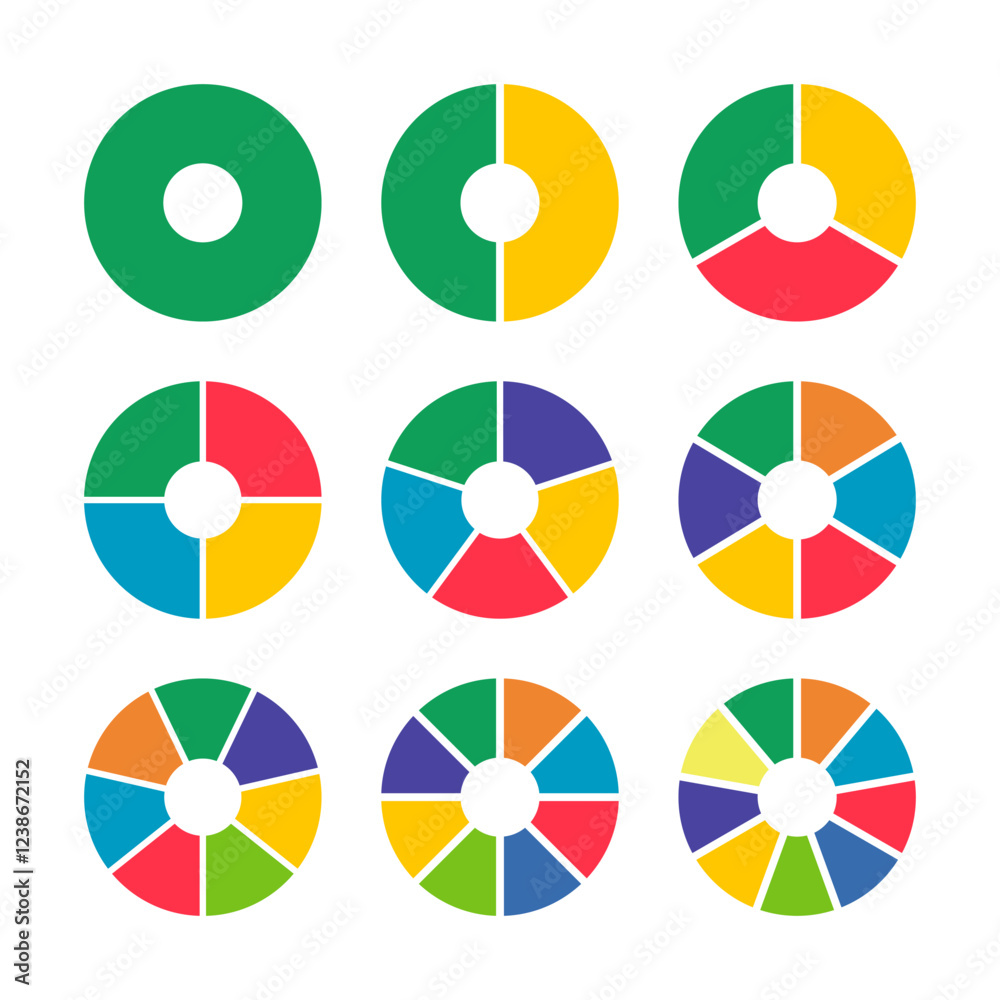 Donut charts. Pizza, pie segmented on from 1 to 9 equal parts. Diagrams infographic ...