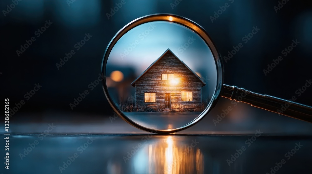 This intriguing image presents a rustic house highlighted by warm light ...