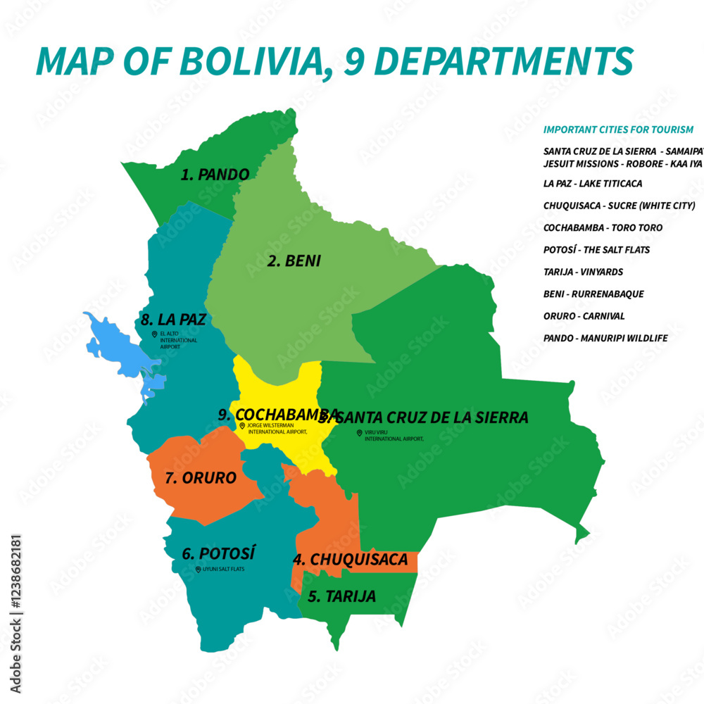 Maps of Bolivia, tourism, 9 departments, Santa Cruz, La Paz, Tarija, Potosí, Cochabamba Stock ...