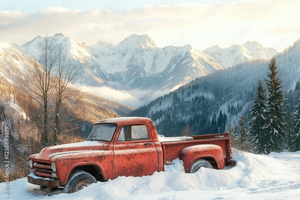 A rusty red vintage pickup truck sits half-buried in snow, a majestic ...
