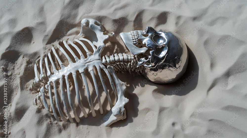 Chrome skeleton partially buried in desert sand. Surreal metallic human ...