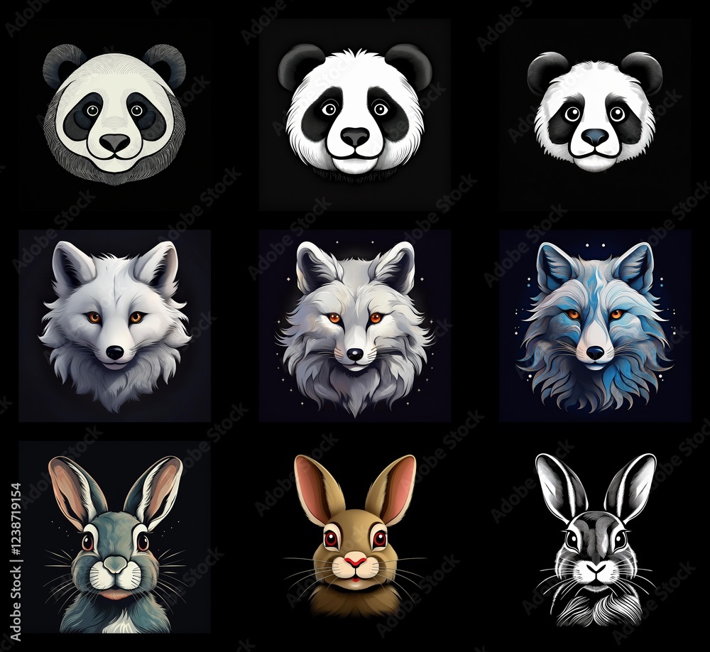 Nine charming animal portraits: pandas, arctic foxes, and rabbits. Each ...