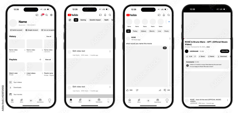 Youtube mockup. Set screen social media and network interface template ...
