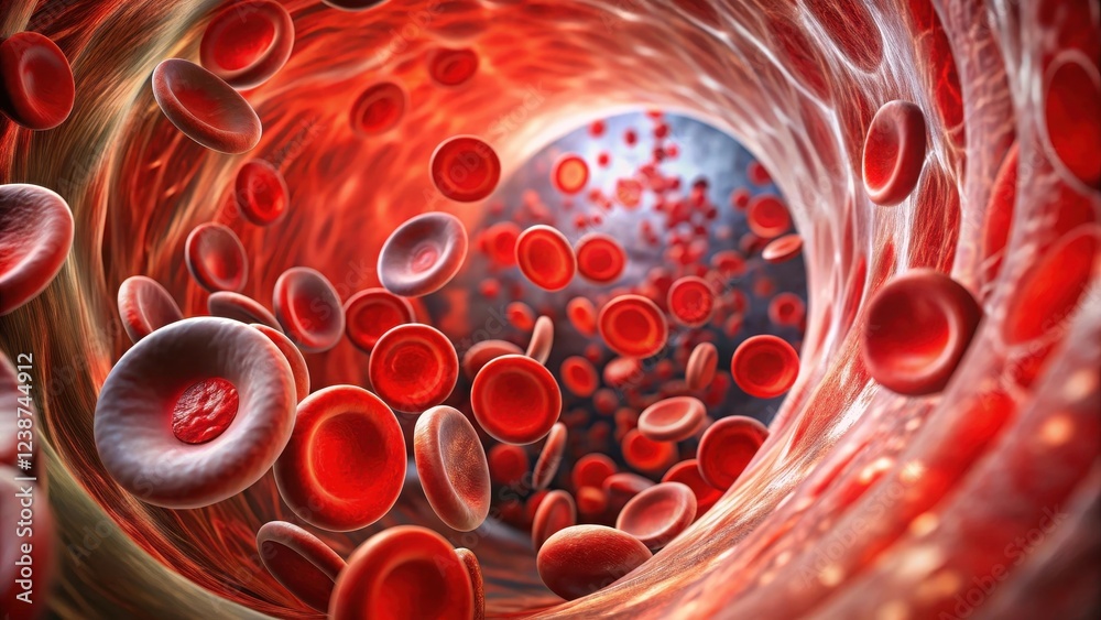 Blood cells flowing through a vein with red blood cells carrying oxygen ...