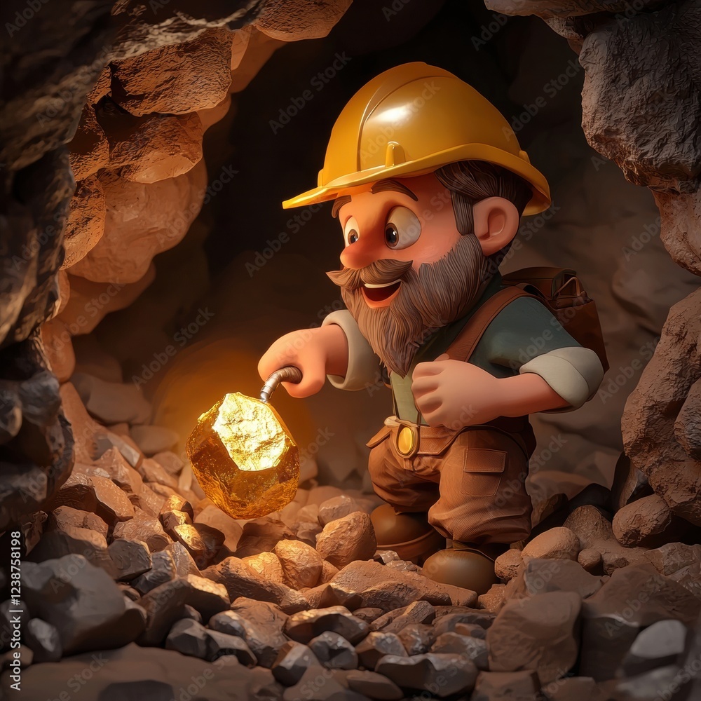 Gold Miner Digging in a Rocky Cave, Finding a Large Shiny Gold Nugget ...