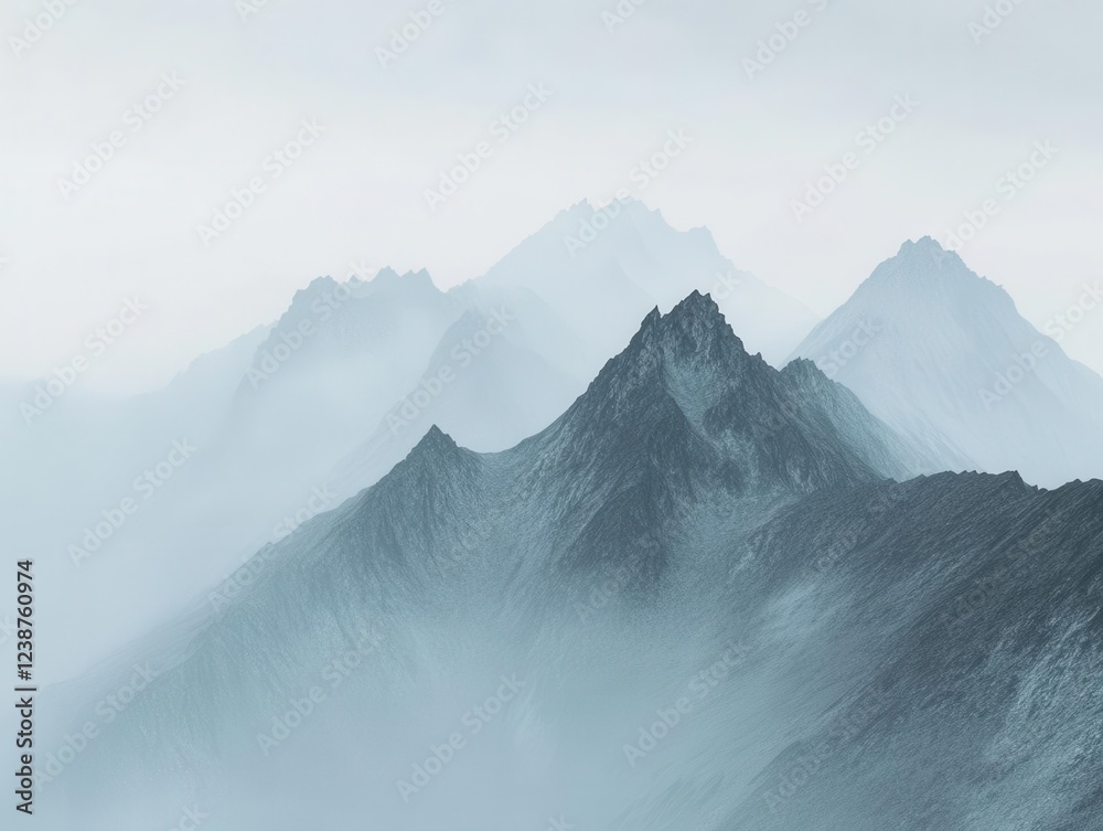 minimalist mountain ridges emerging through morning mist, rendered in ...