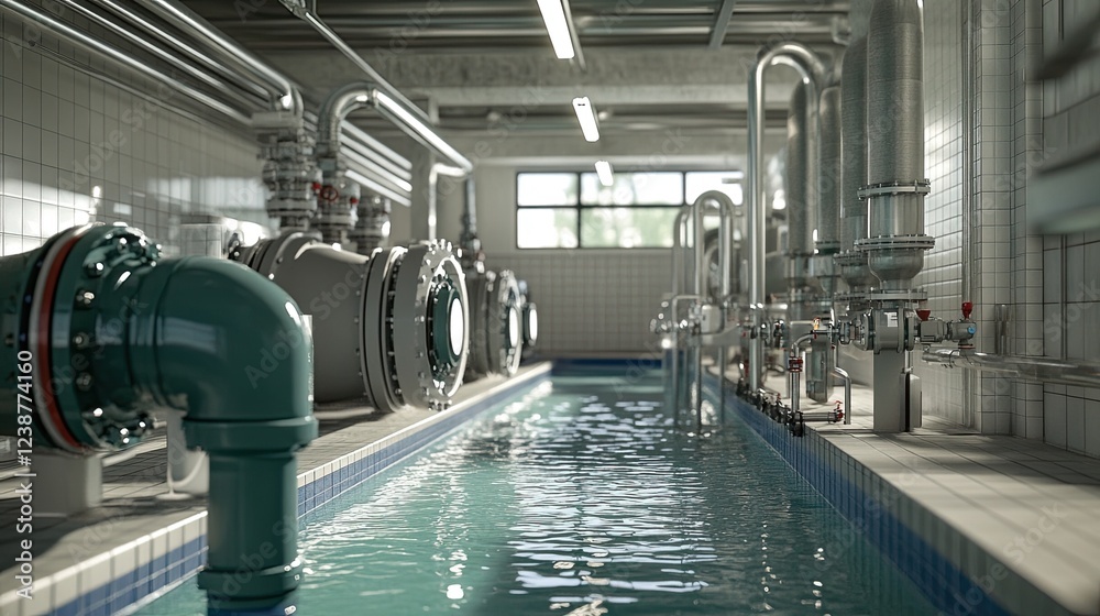 Industrial PVC pipeline in a water treatment boiler room with valves ...