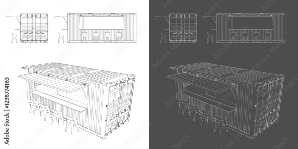 Set 20ft cafe building Cargo Container line drawings. blueprint wireframe from top corner, side ...