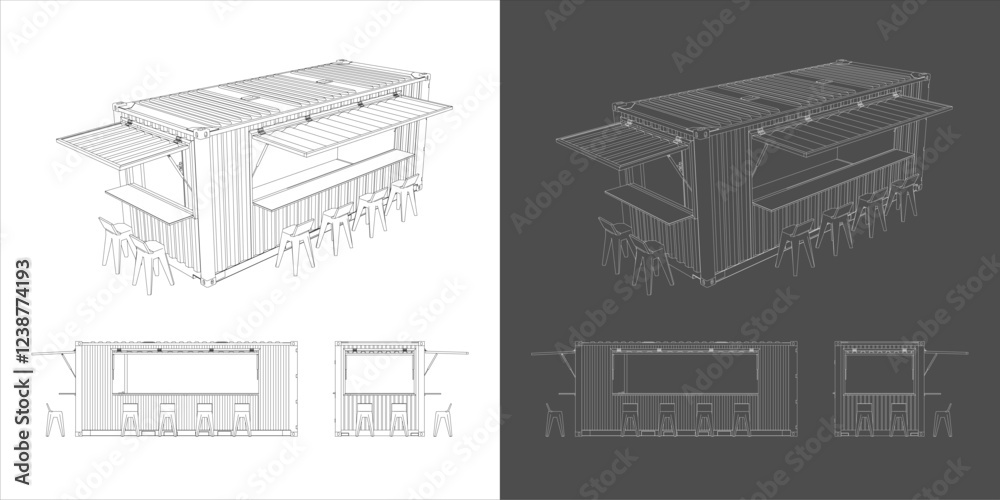 Technical Line Drawing of a 20ft Shipping Container Cafe Design Blueprint Vector Illustration ...