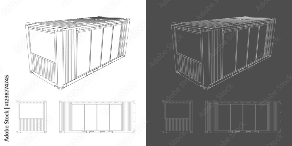 Set Cargo Container 20ft building line drawings. blueprint wireframe ...