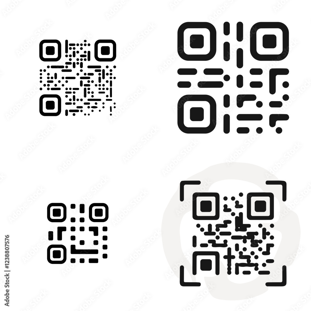 QR code icons in various styles representing digital technology and ...