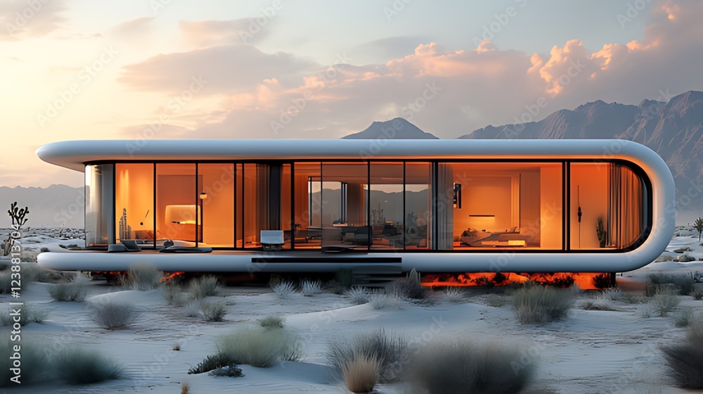 Desert sunset modern home; interior visible; architectural ...