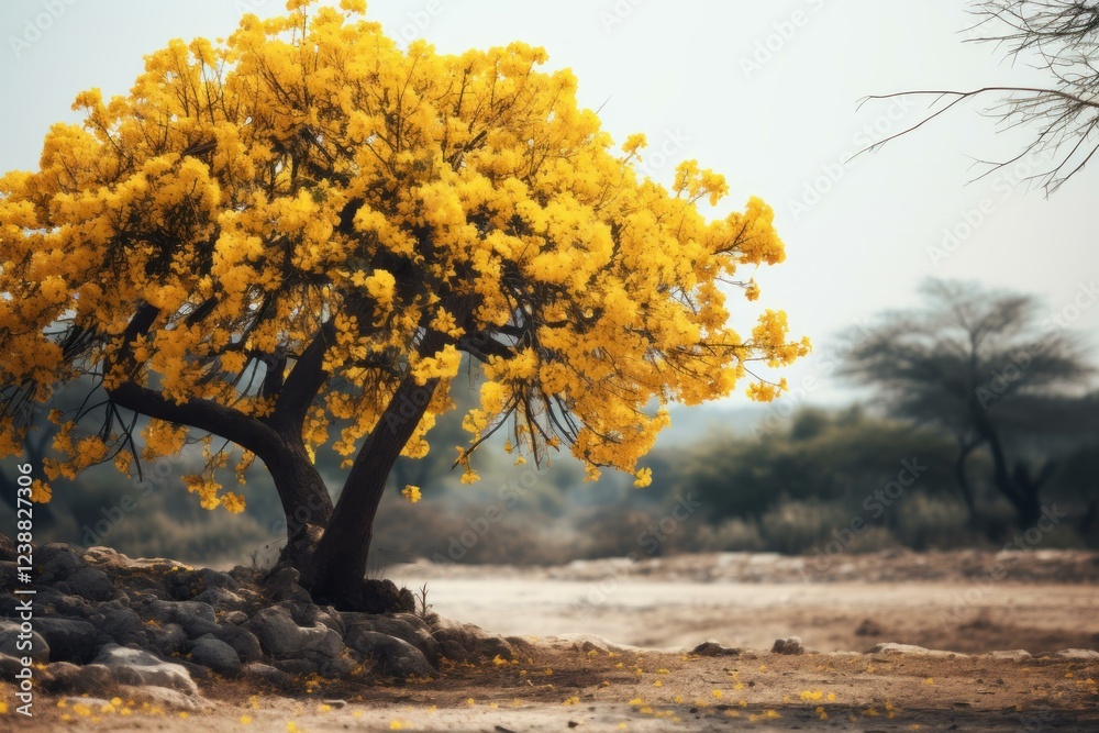 Foto de Stock Vibrant yellow ipe tree stands out against the dry, rocky ...
