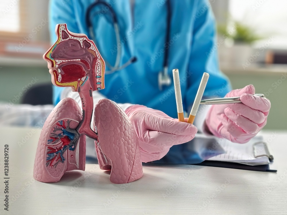 Doctor examines model of lungs while holding cigarettes in a clinical ...