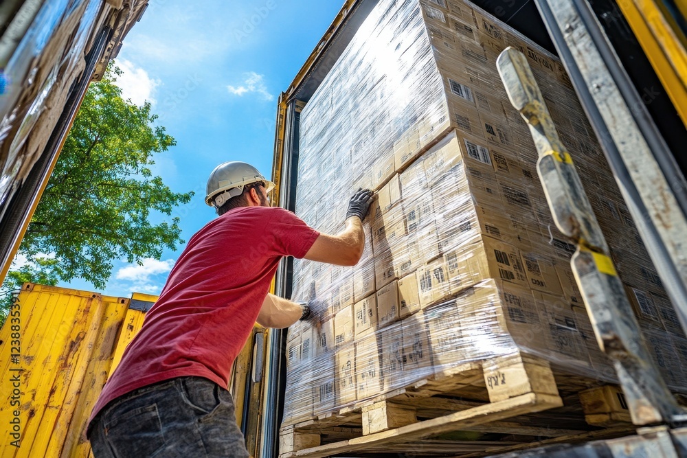 Worker Unloading Palletized Goods from Shipping Container Outdoors ...