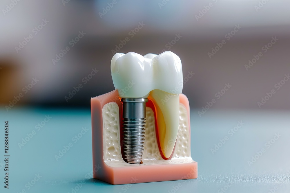 Dental implant model showing all its parts, including crown, abutment ...
