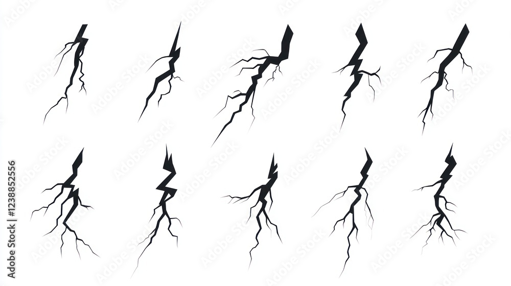 Ten lightning bolt crack designs, white background, graphic design ...