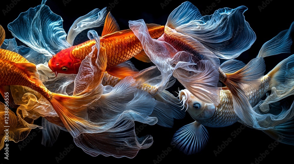 Dynamic koi fish scales in motion underwater realm microscopic view ...