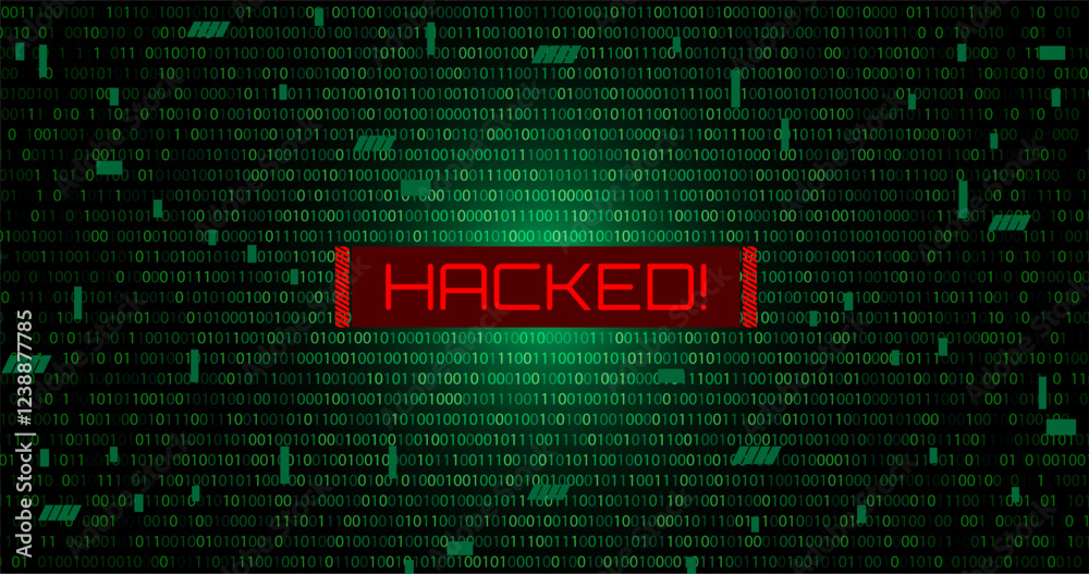 cyber hack notification alert in green matrix binary data falling with corrupted data lines ...